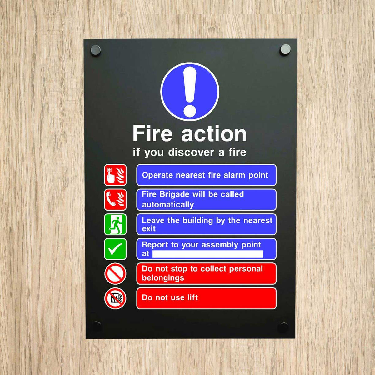 Midnight Black Perspex Fire Action Signs — Stylish & Compliant