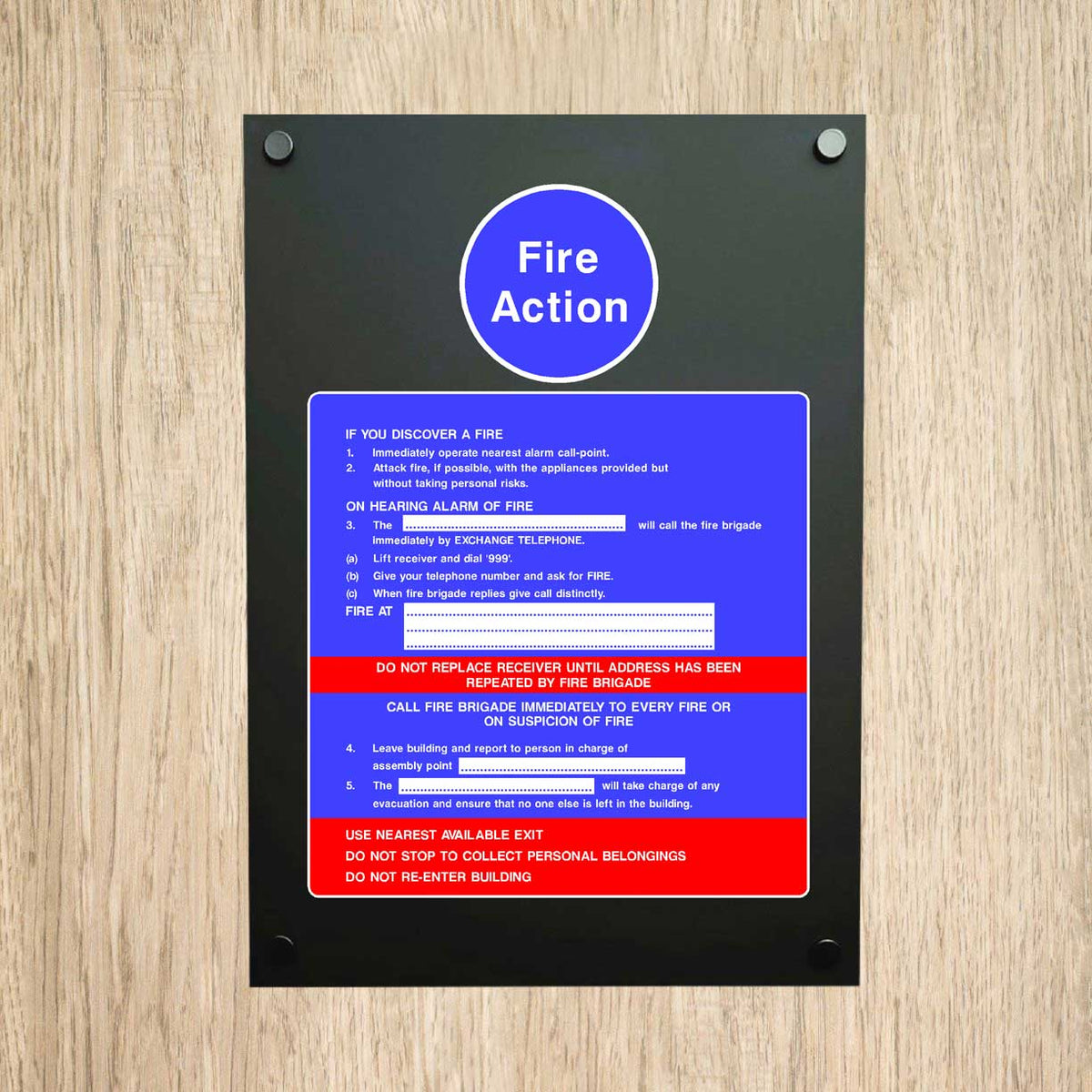 Fire Action Sign Black Perspex