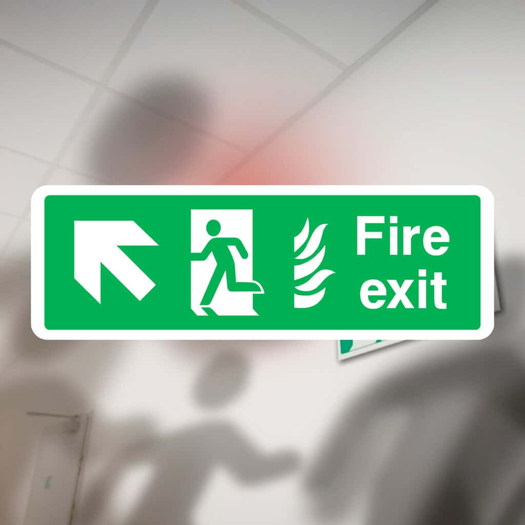 Fire Exit Flames Left Up Sign – BS EN ISO 7010 Compliant