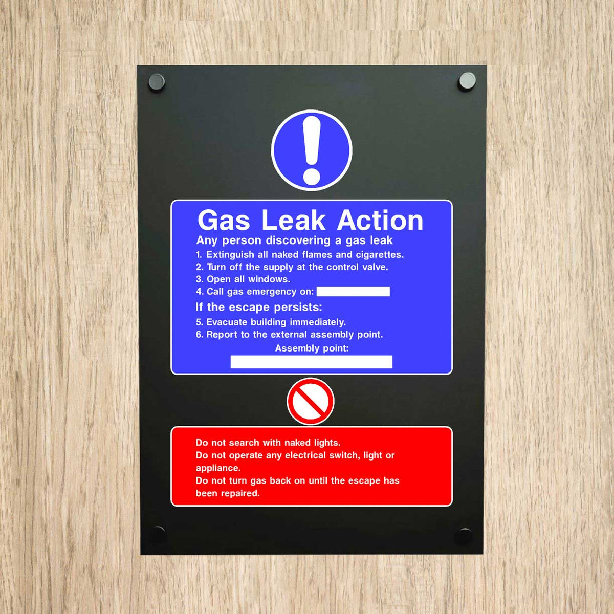 Gas Leak Action Sign – Midnight Black Perspex Safety Sign for Quick ...