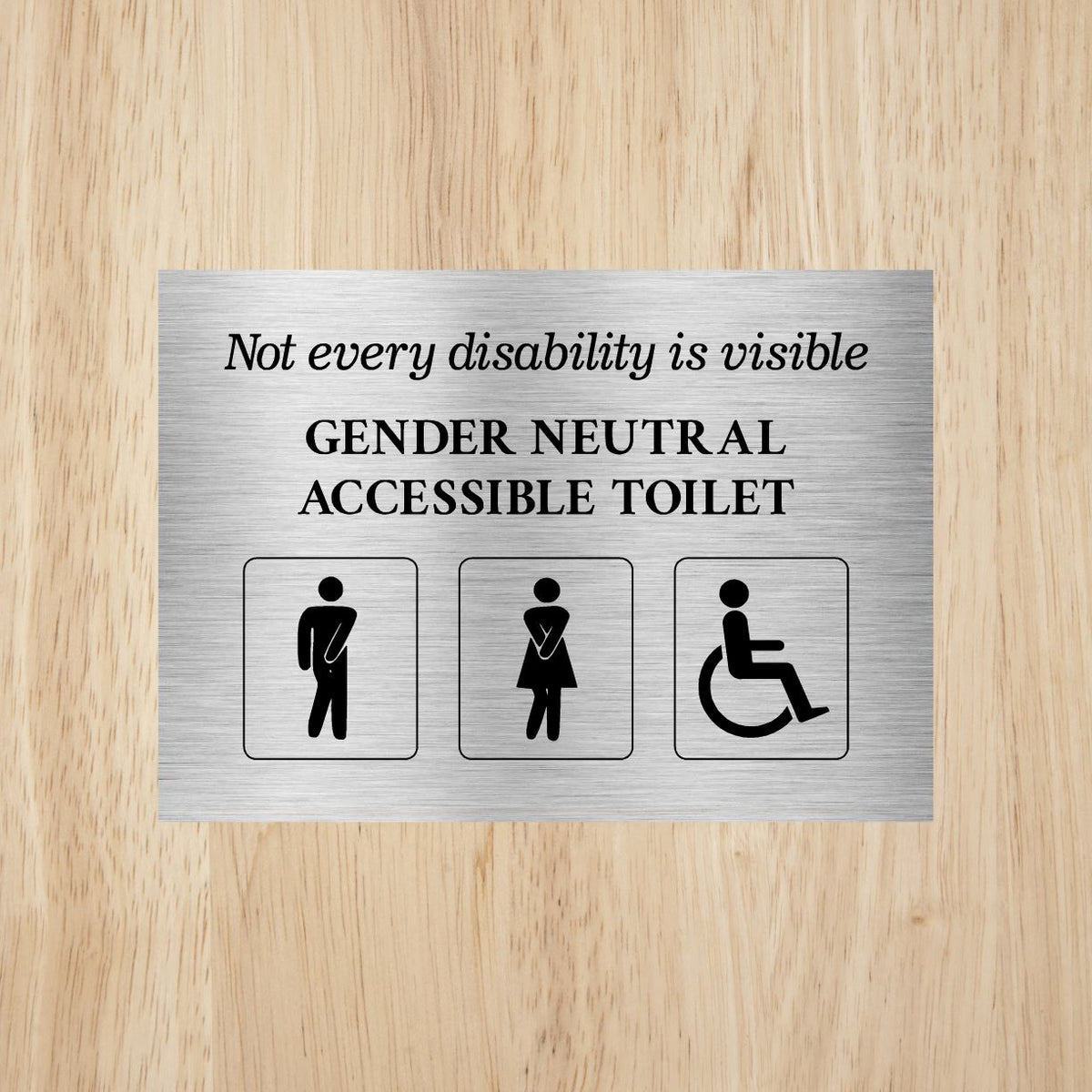 Gender Neutral Accessible Toilet Comic Landscape Sign Brushed Aluminiu
